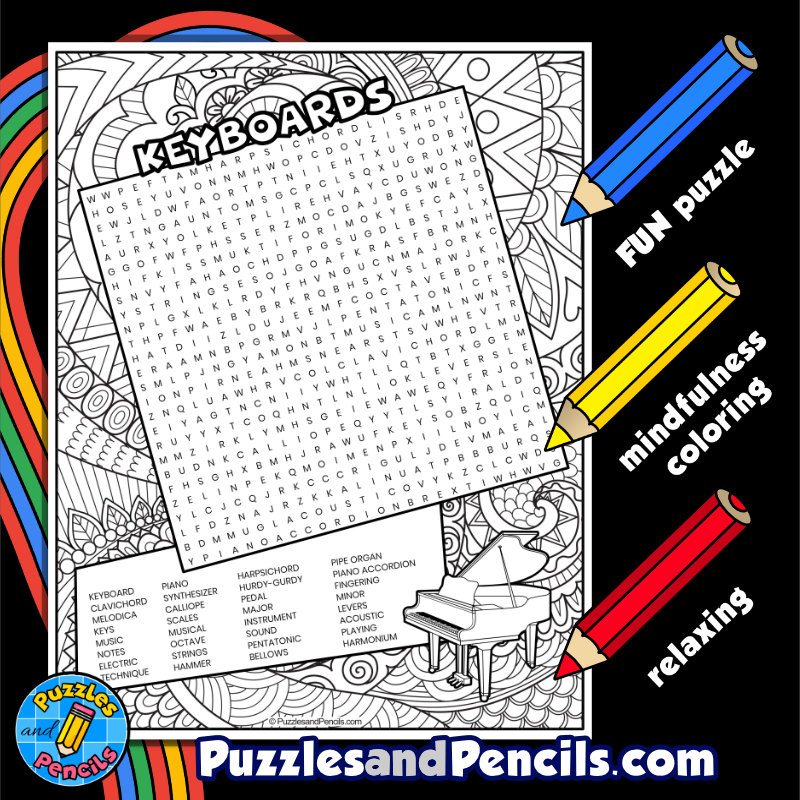 Keyboards Word Search Puzzle Activity Page with Coloring | Music ...