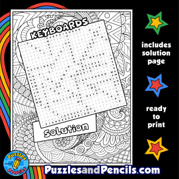 Keyboards Word Search Puzzle Activity Page with Coloring | Music ...