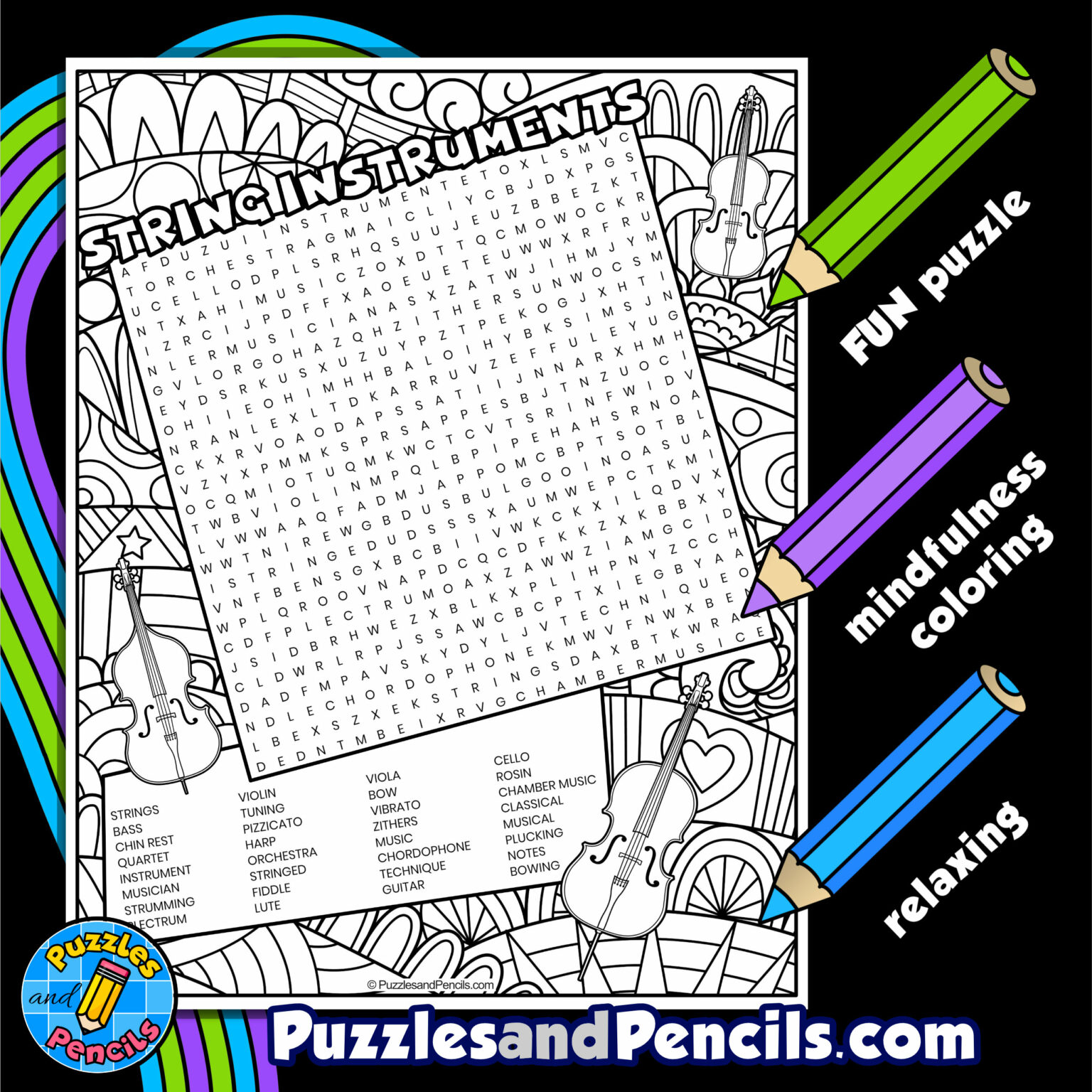 String instruments Word Search Puzzle Activity Page with Coloring ...