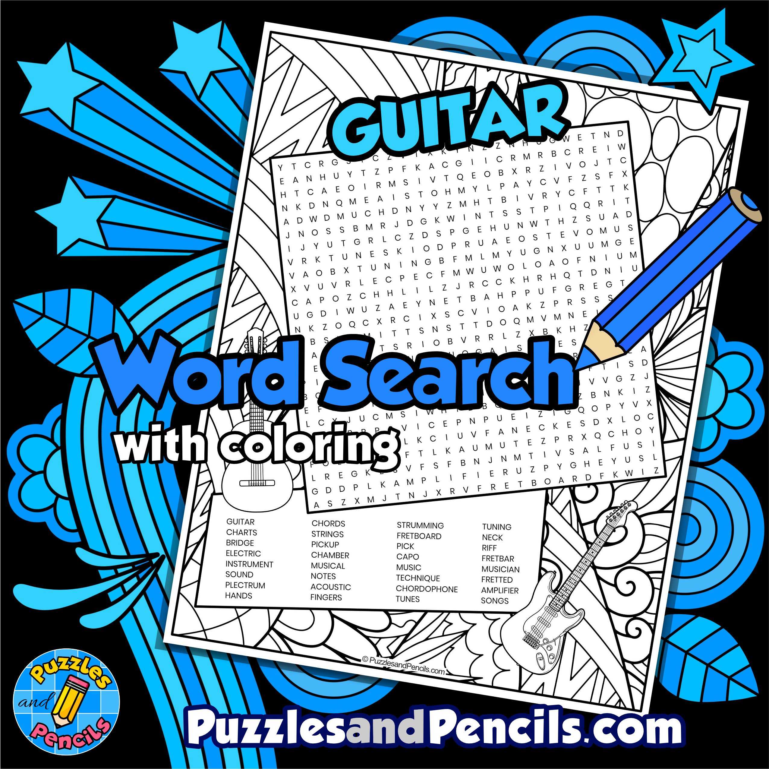 Guitar Word Search Puzzle Activity Page with Coloring | Music ...