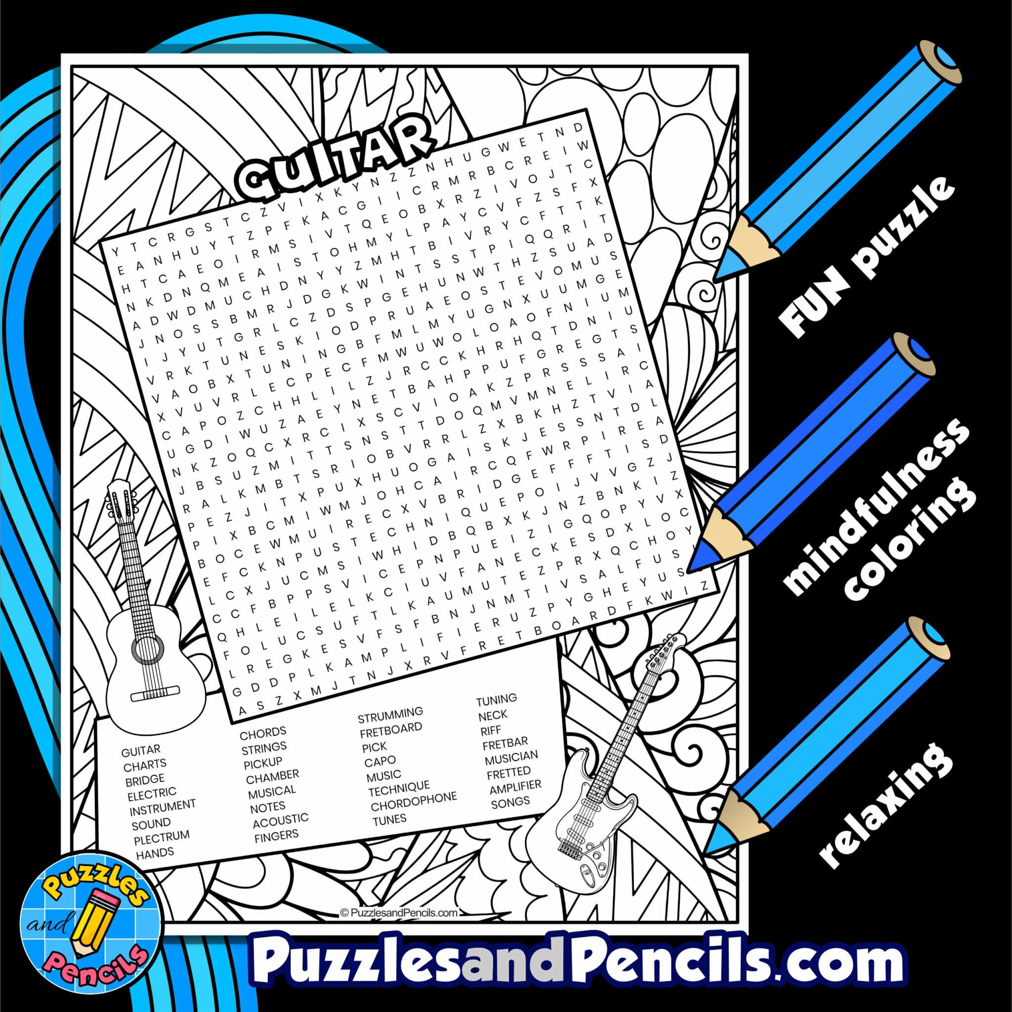 Guitar Word Search Puzzle Activity Page with Coloring | Music ...