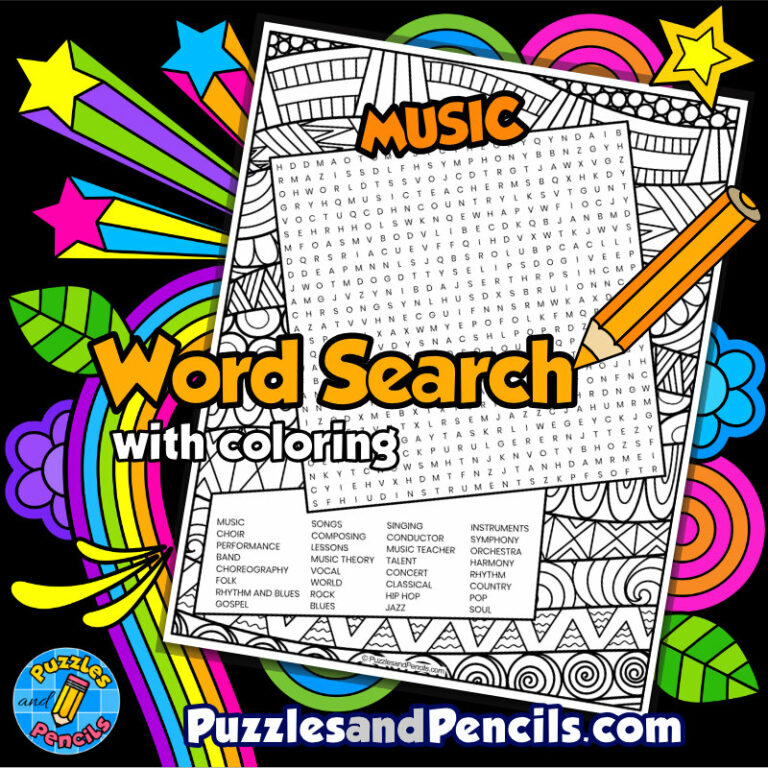 Music Word Search Puzzle Activity Page with Coloring | Music Wordsearch ...