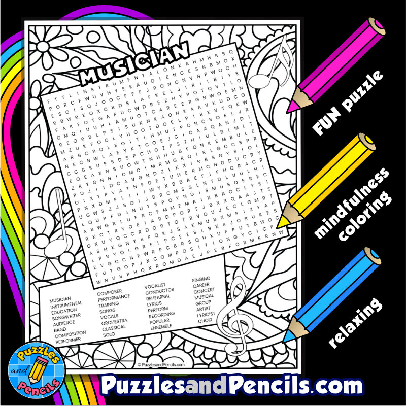 Musician Word Search Puzzle Activity Page with Coloring | Music ...
