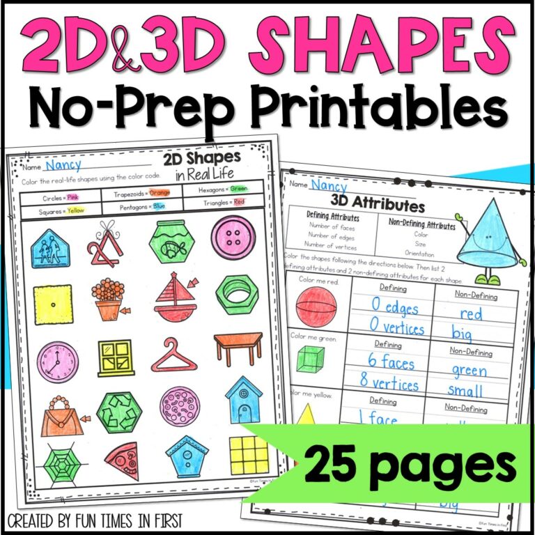 2D and 3D Shape NO PREP Printable Worksheets - Shapes and Attributes ...