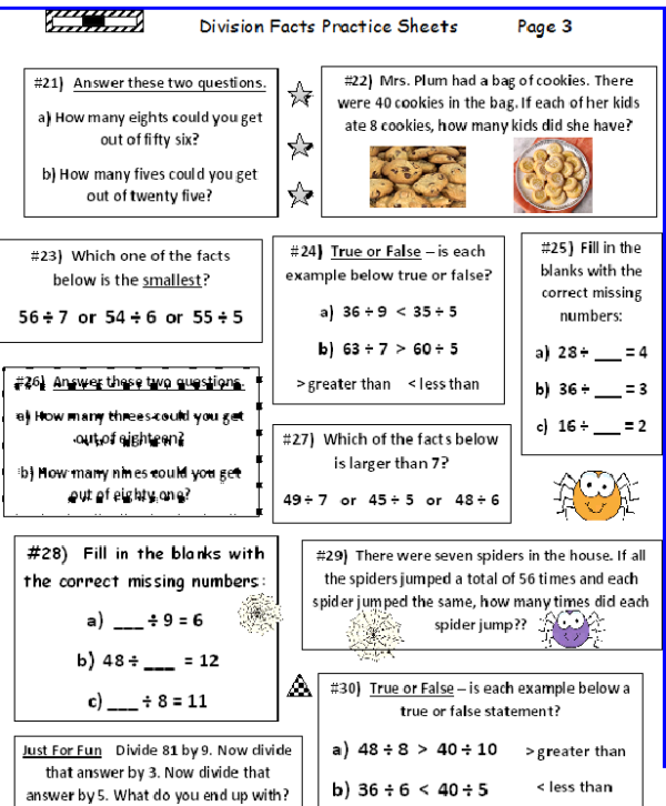 Division Facts Practice Sheets PLUS Word Problems for Division (Both ...