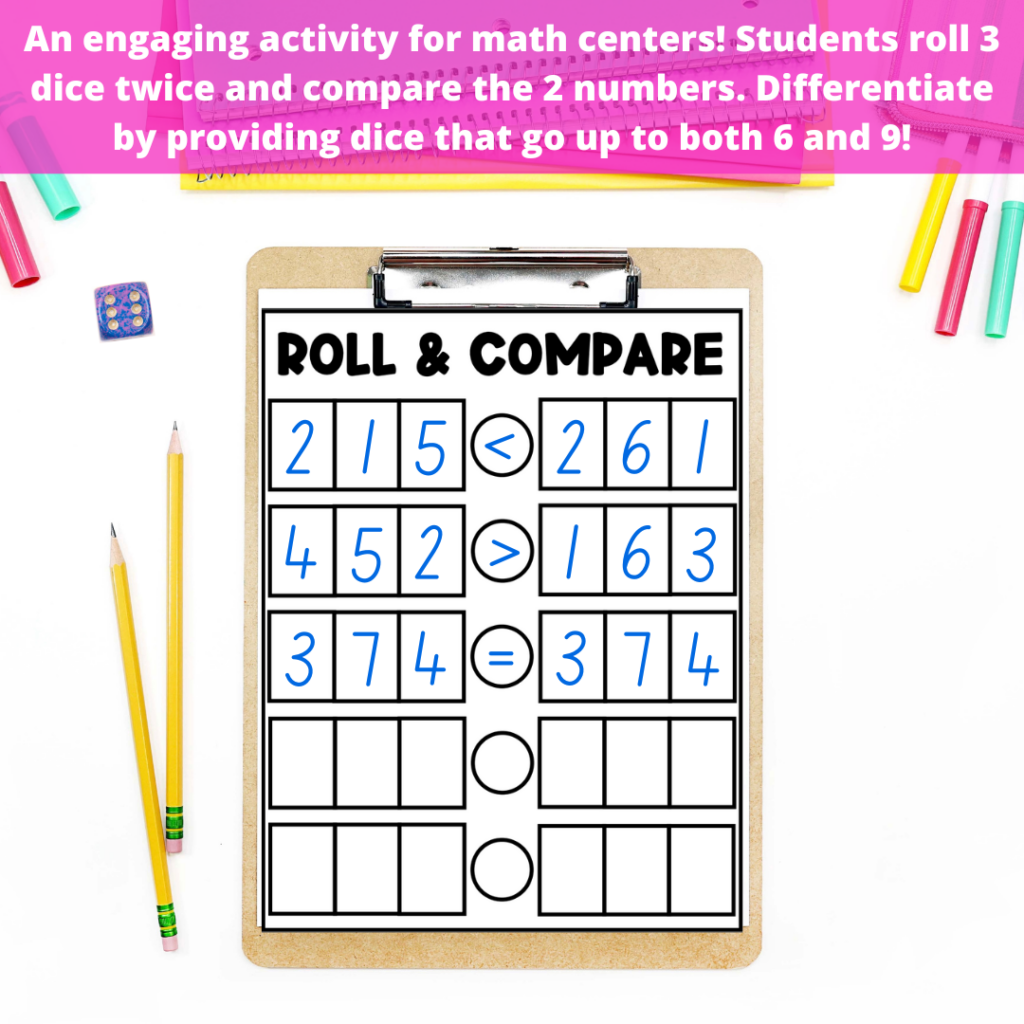 Comparing Numbers - Roll & Compare 3 Digit Numbers Activity for Math ...