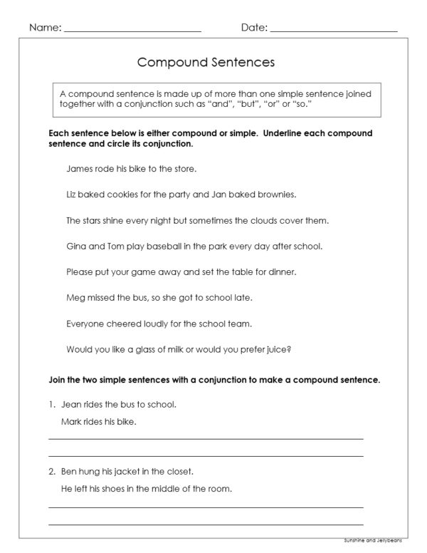 Compound Sentences and Conjunctions - 4 worksheets - Grades 1-2 - CCSS ...