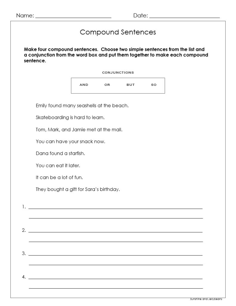 Compound Sentences and Conjunctions - 4 worksheets - Grades 1-2 - CCSS ...