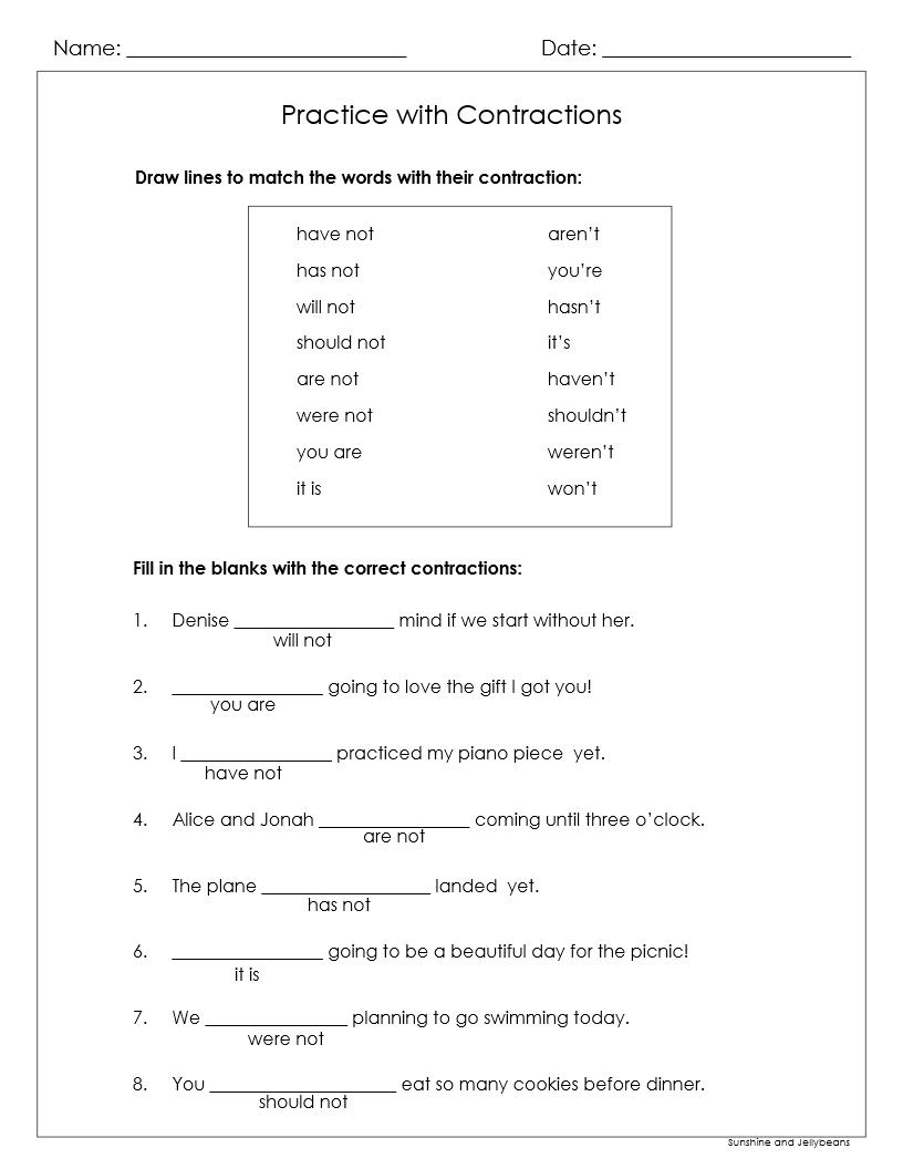 Practice with Contractions - 3 worksheets - Grade 2 - Matching and ...