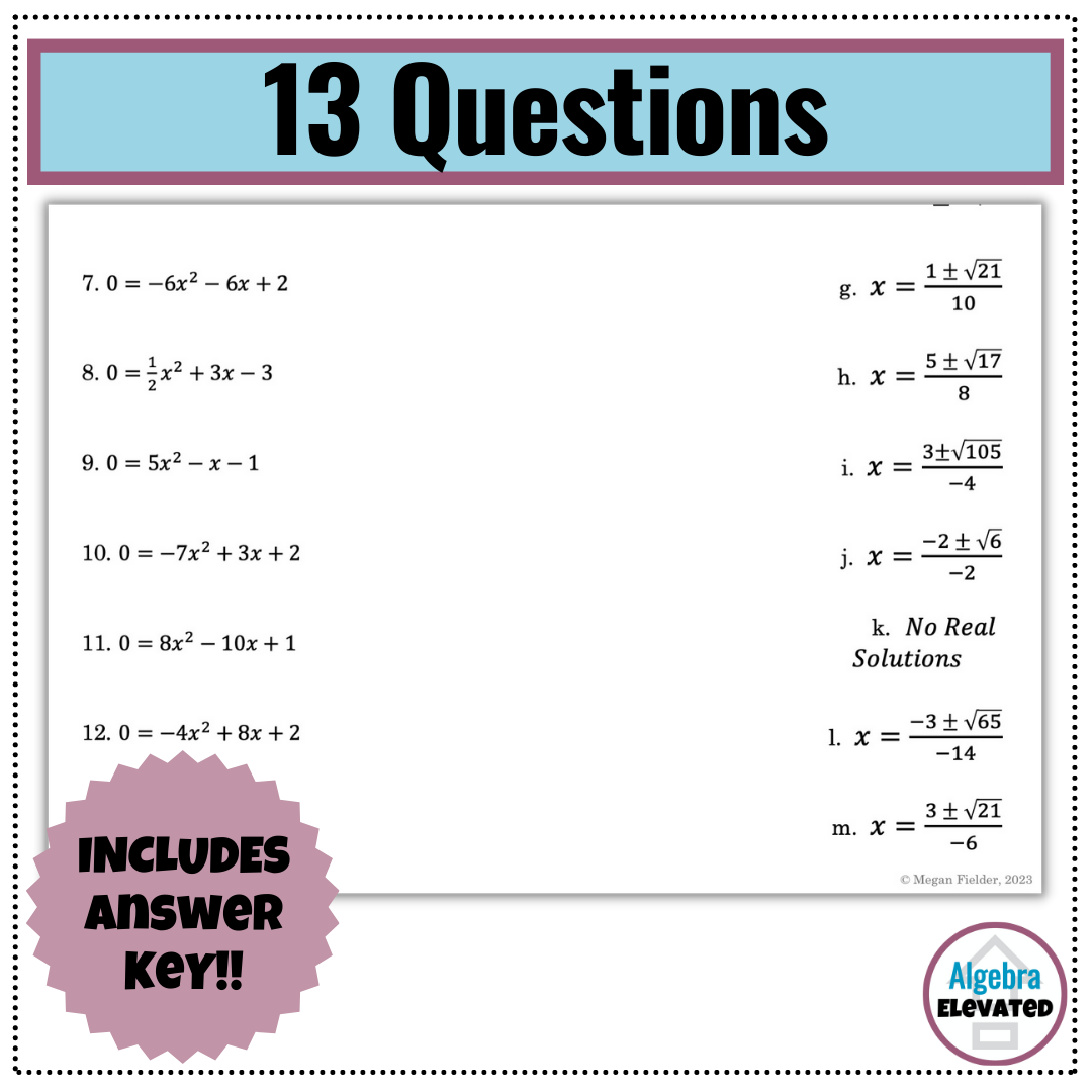 Solving Quadratic Equations using the Quadratic Formula Matching ...