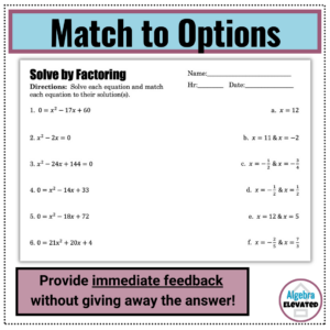 Solving Quadratic Equations by Factoring Matching Worksheet | Made By ...