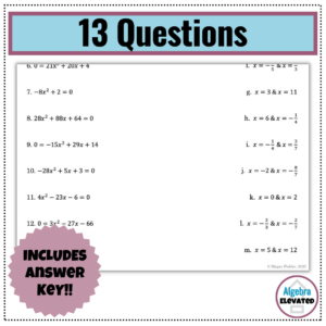 Solving Quadratic Equations by Factoring Matching Worksheet | Made By ...
