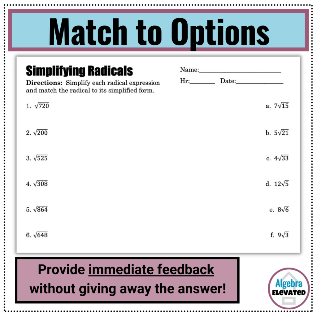 Simplifying Radicals Matching Worksheet | Made By Teachers