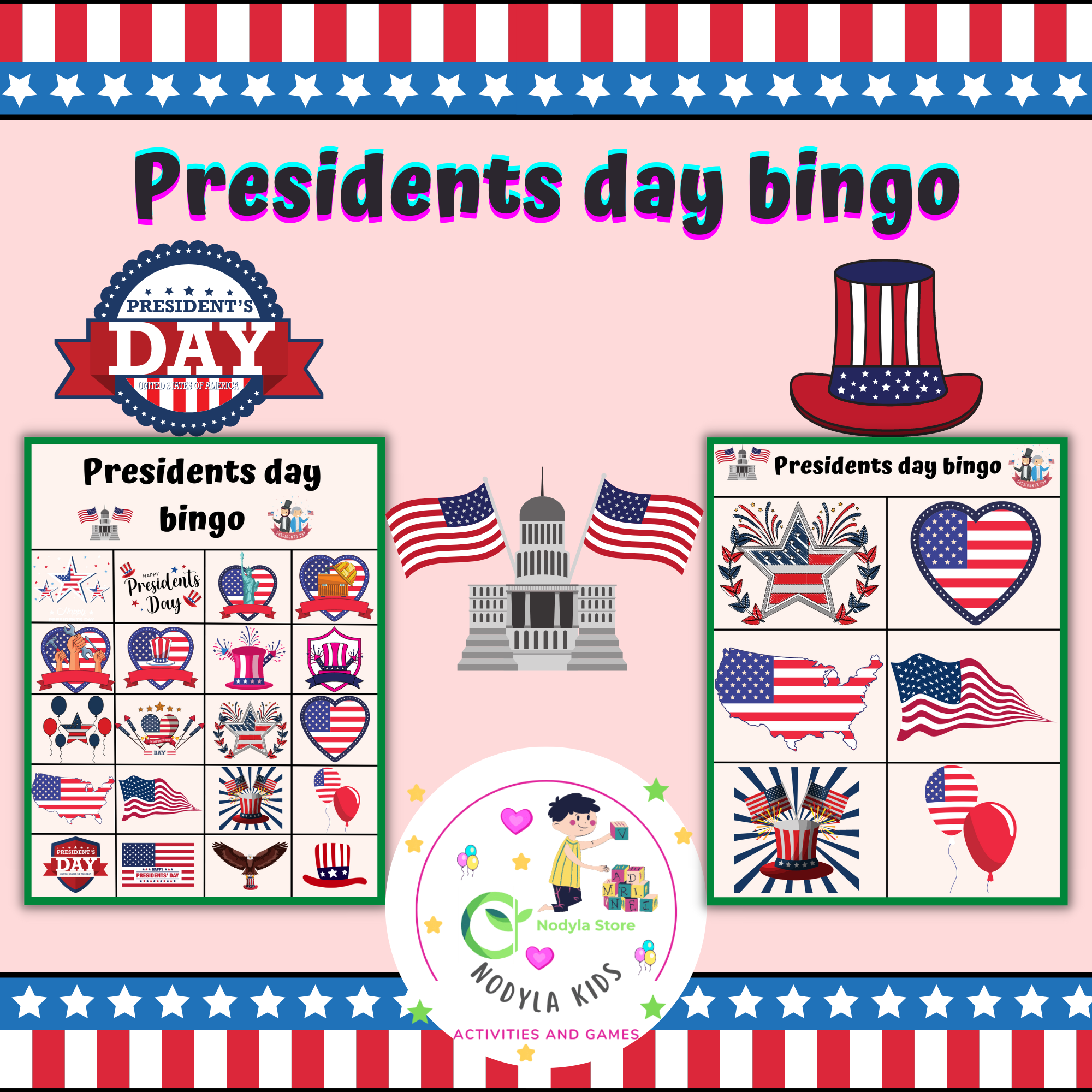 Presidents day bingo | 100 different Presidents day cards | Made By ...
