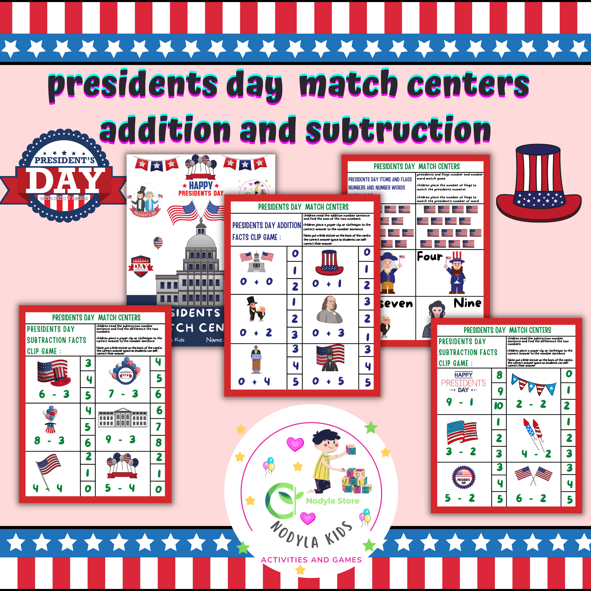 presidents day match centers addition and subtraction | Made By Teachers