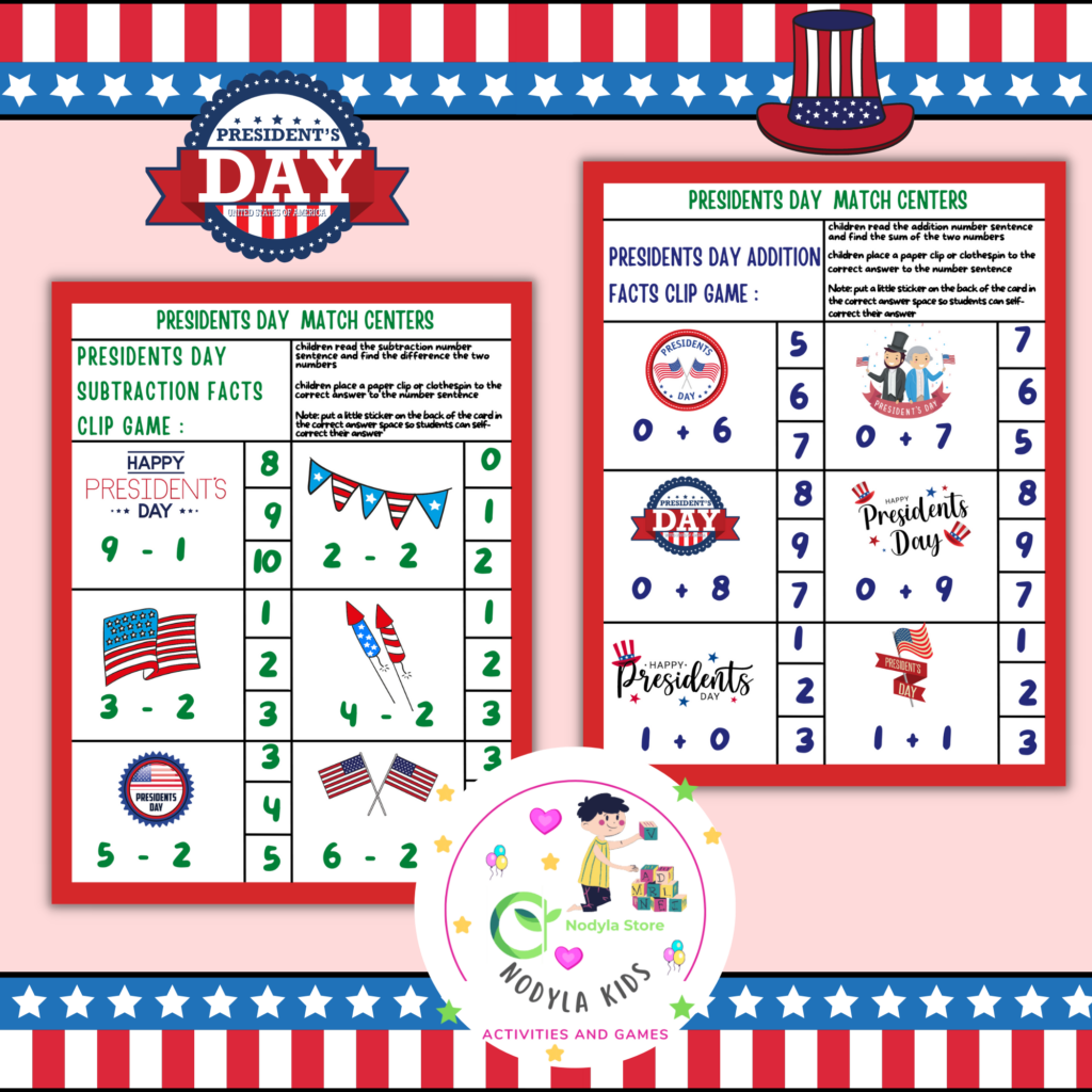 presidents day match centers addition and subtraction | Made By Teachers