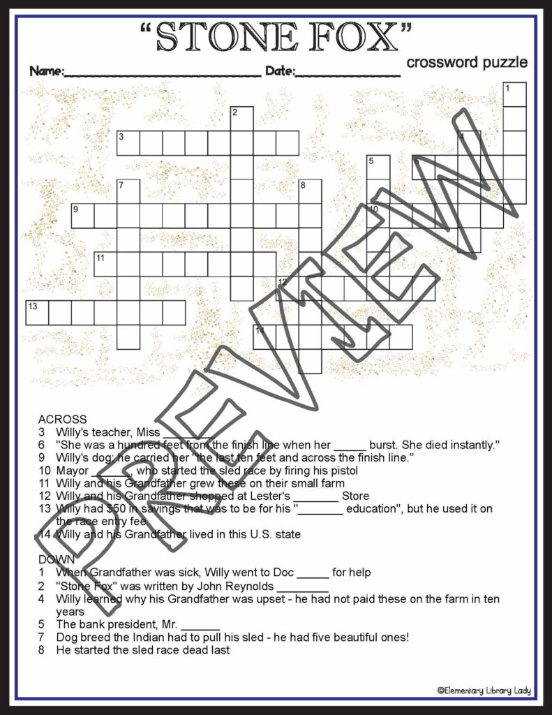 Stone Fox Activities Gardiner Crossword Puzzle and Word Search | Made ...