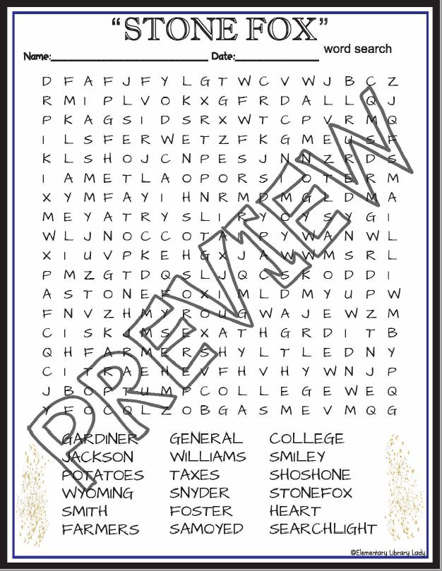 Stone Fox Activities Gardiner Crossword Puzzle and Word Search | Made ...