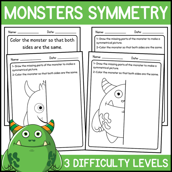 Monsters Lines of Symmetry: Drawing and Coloring Activity for Math Art ...