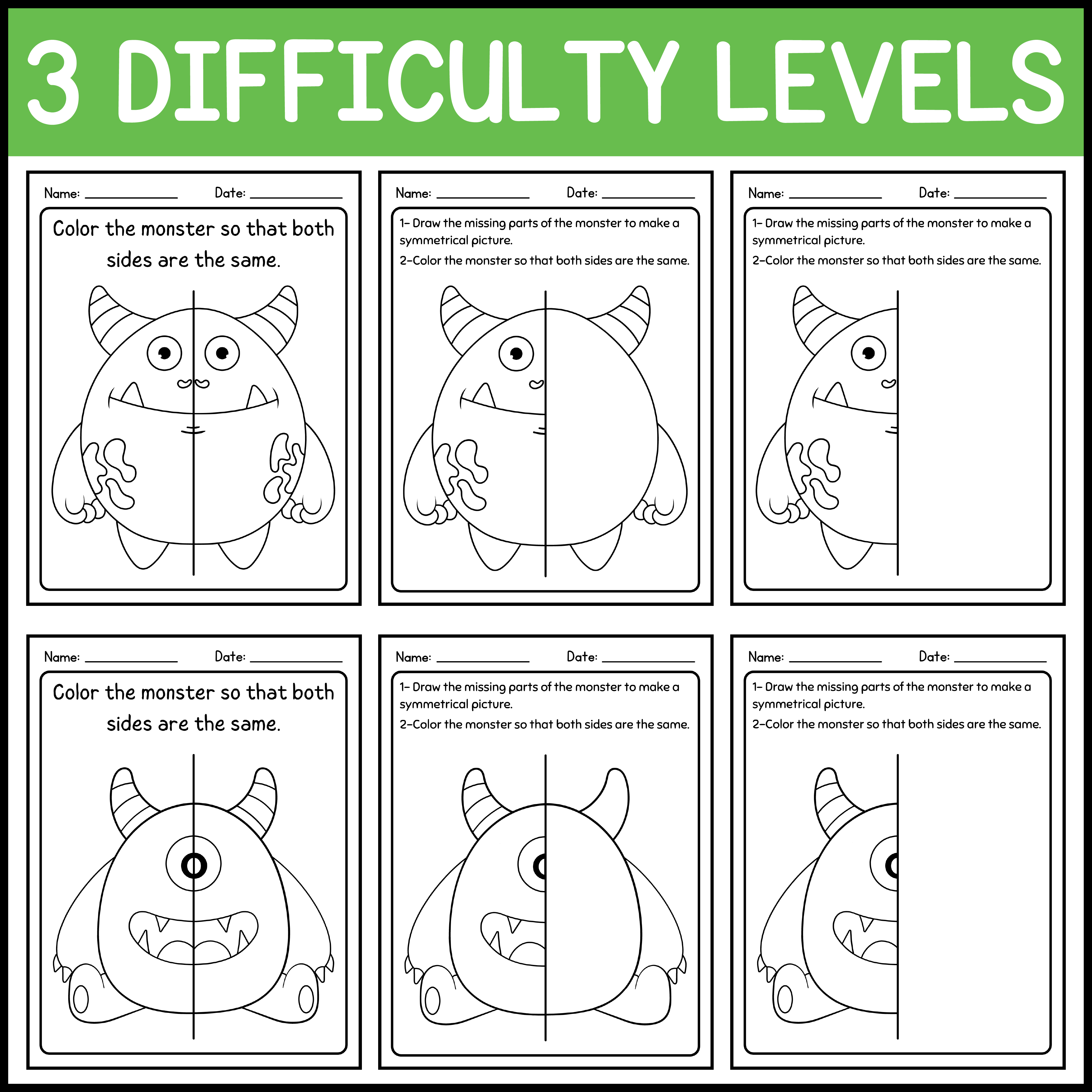 Monsters Lines of Symmetry: Drawing and Coloring Activity for Math Art ...