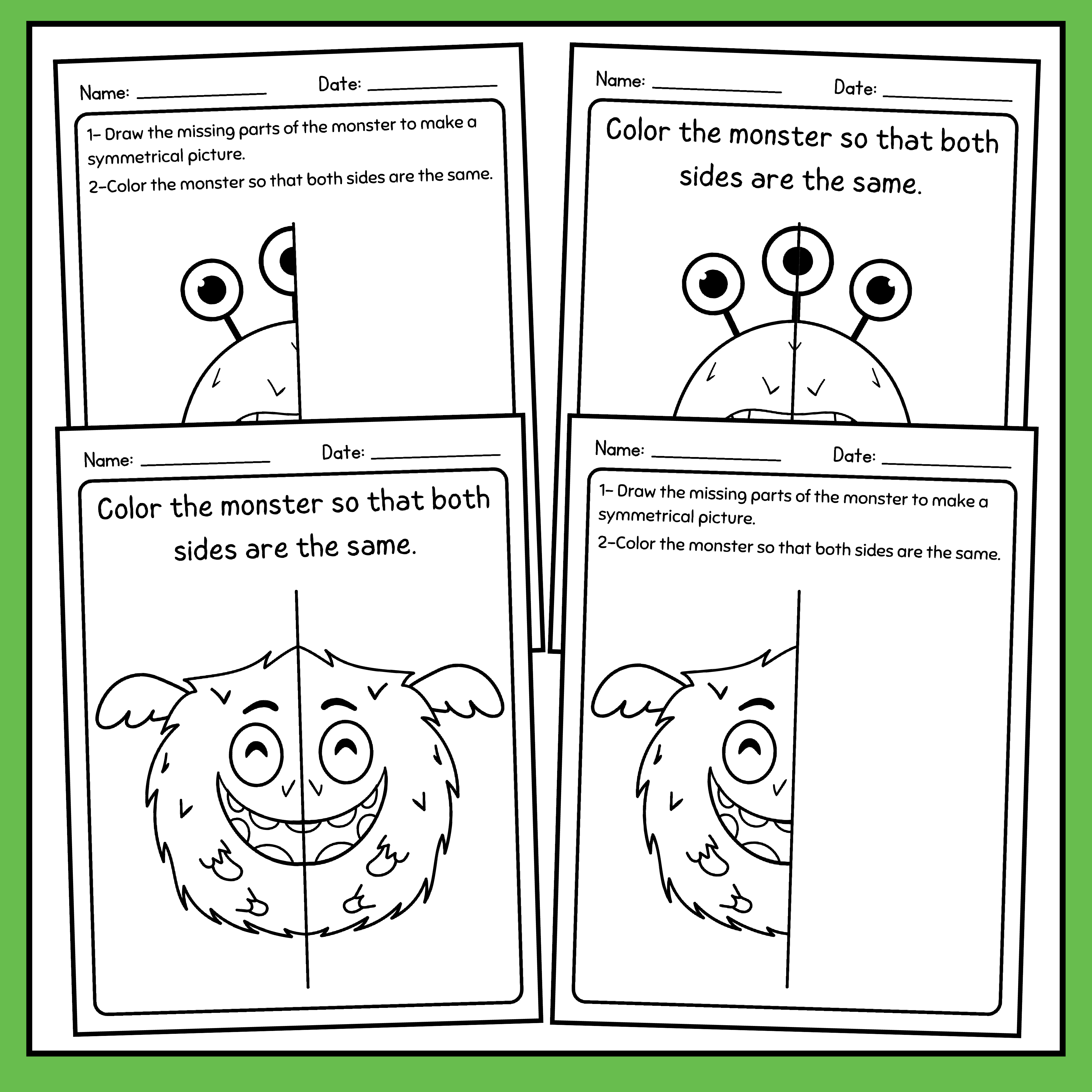 Monsters Lines of Symmetry: Drawing and Coloring Activity for Math Art ...