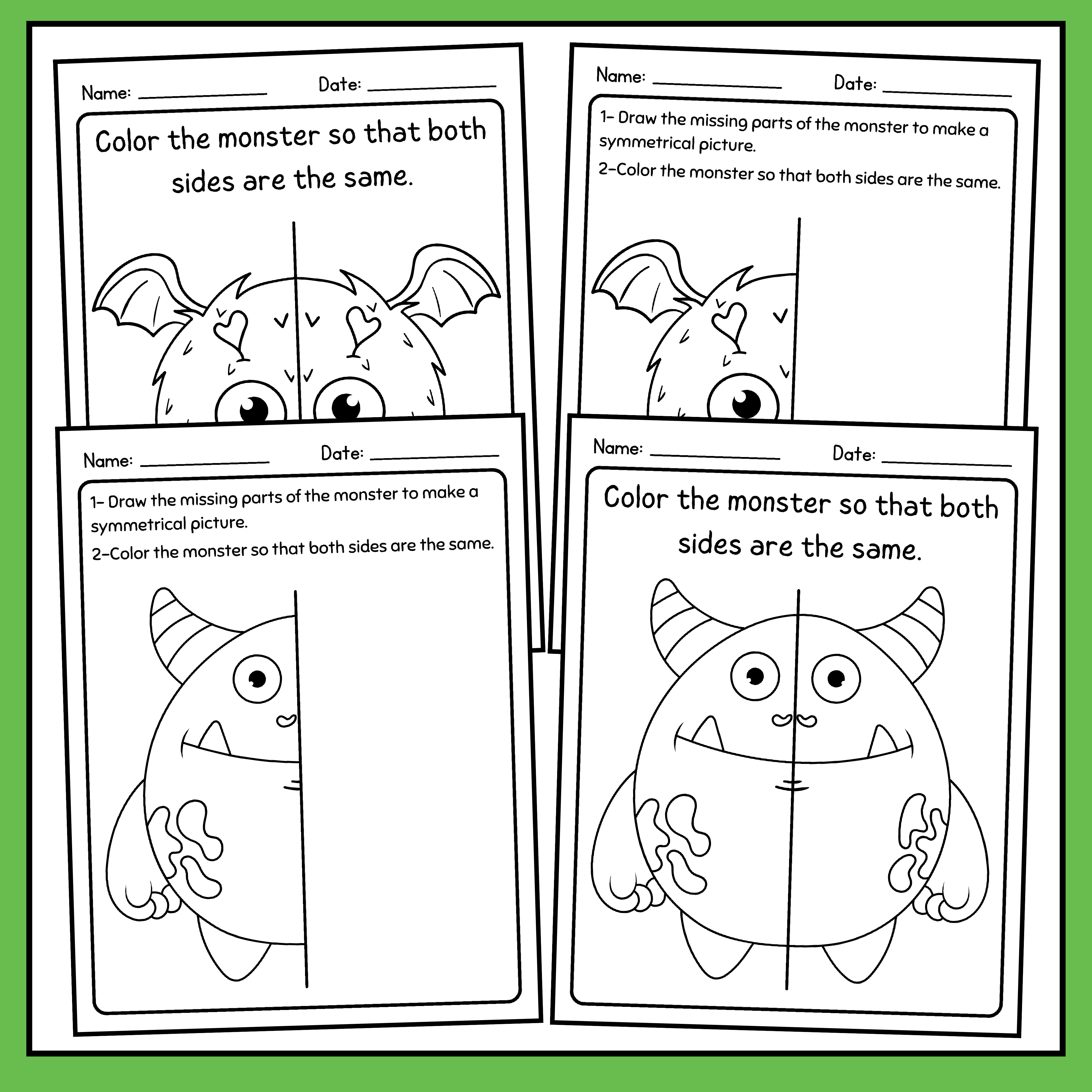 Monsters Lines of Symmetry: Drawing and Coloring Activity for Math Art ...
