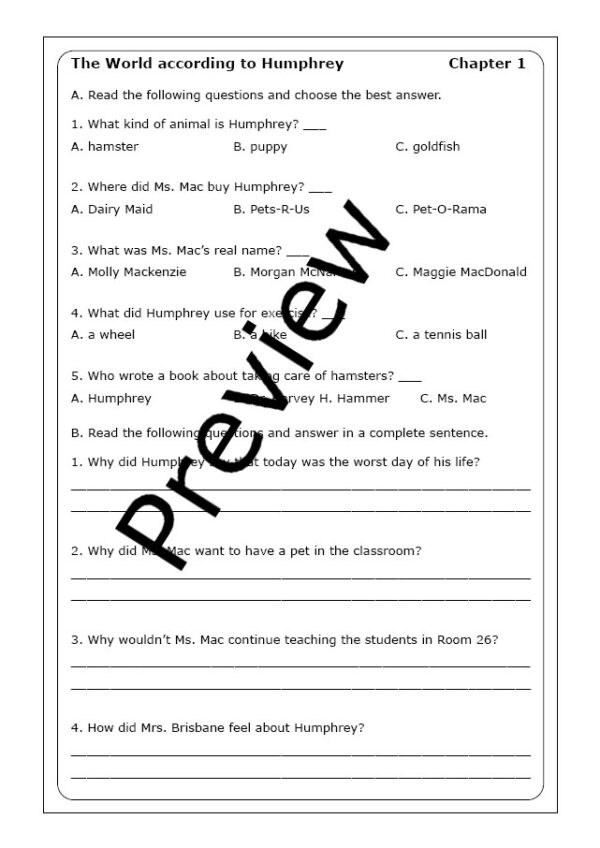 Betty G. Birney "The World according to Humphrey" worksheets | Made By ...