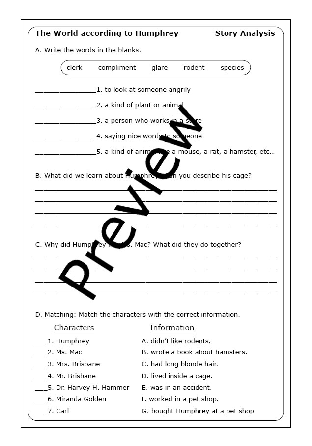 Betty G. Birney "The World according to Humphrey" worksheets | Made By ...