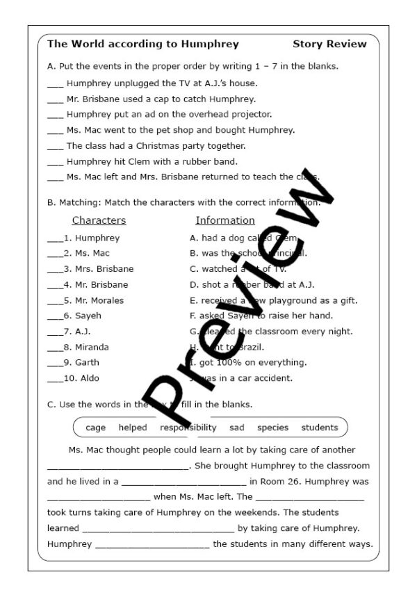 Betty G. Birney "The World according to Humphrey" worksheets | Made By ...