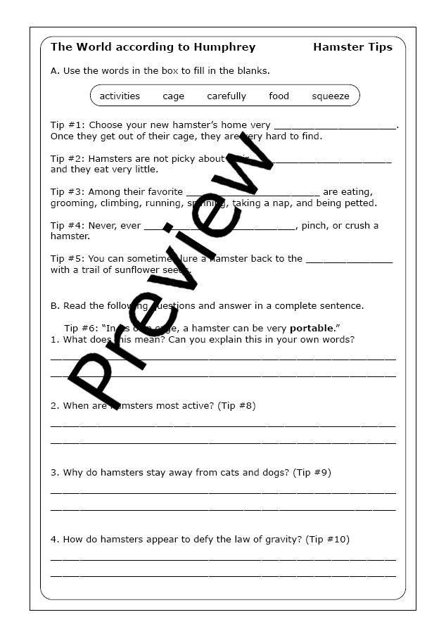 Betty G. Birney "The World according to Humphrey" worksheets | Made By ...