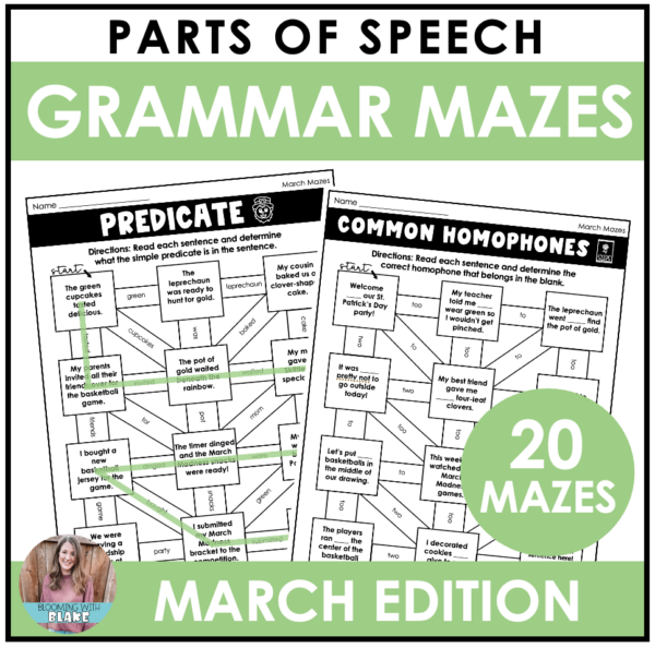 Grammar Practice Worksheets | March Parts of Speech Maze Activities ...