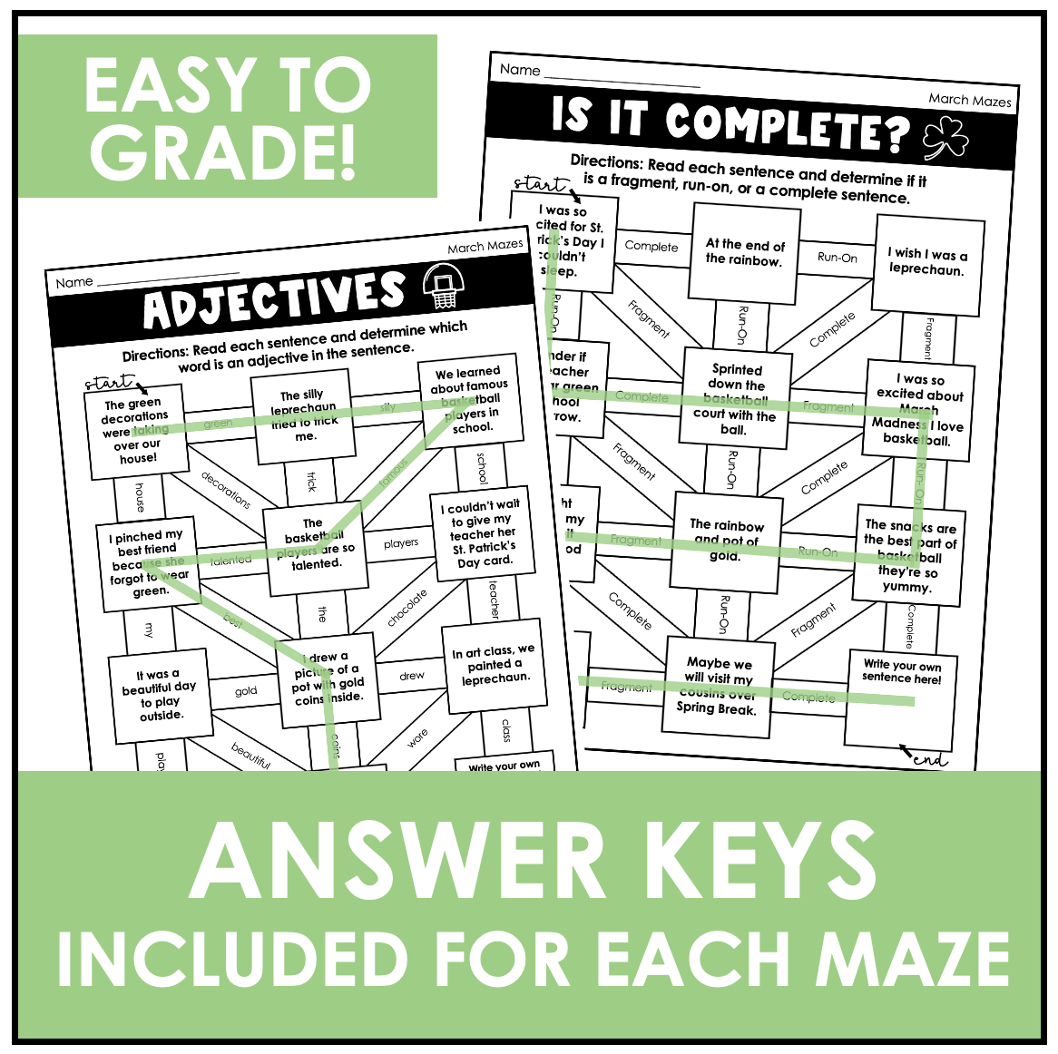 Grammar Practice Worksheets | March Parts of Speech Maze Activities ...