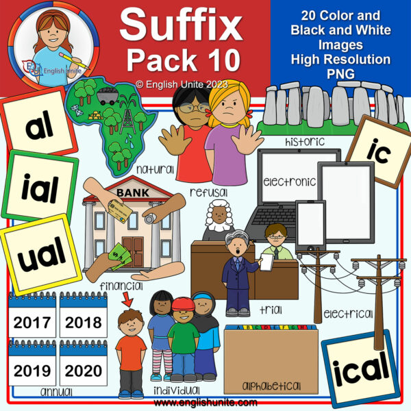 Clip Art - Suffix Pack 10 (al, ic, ial, ical & ual) | Made By Teachers