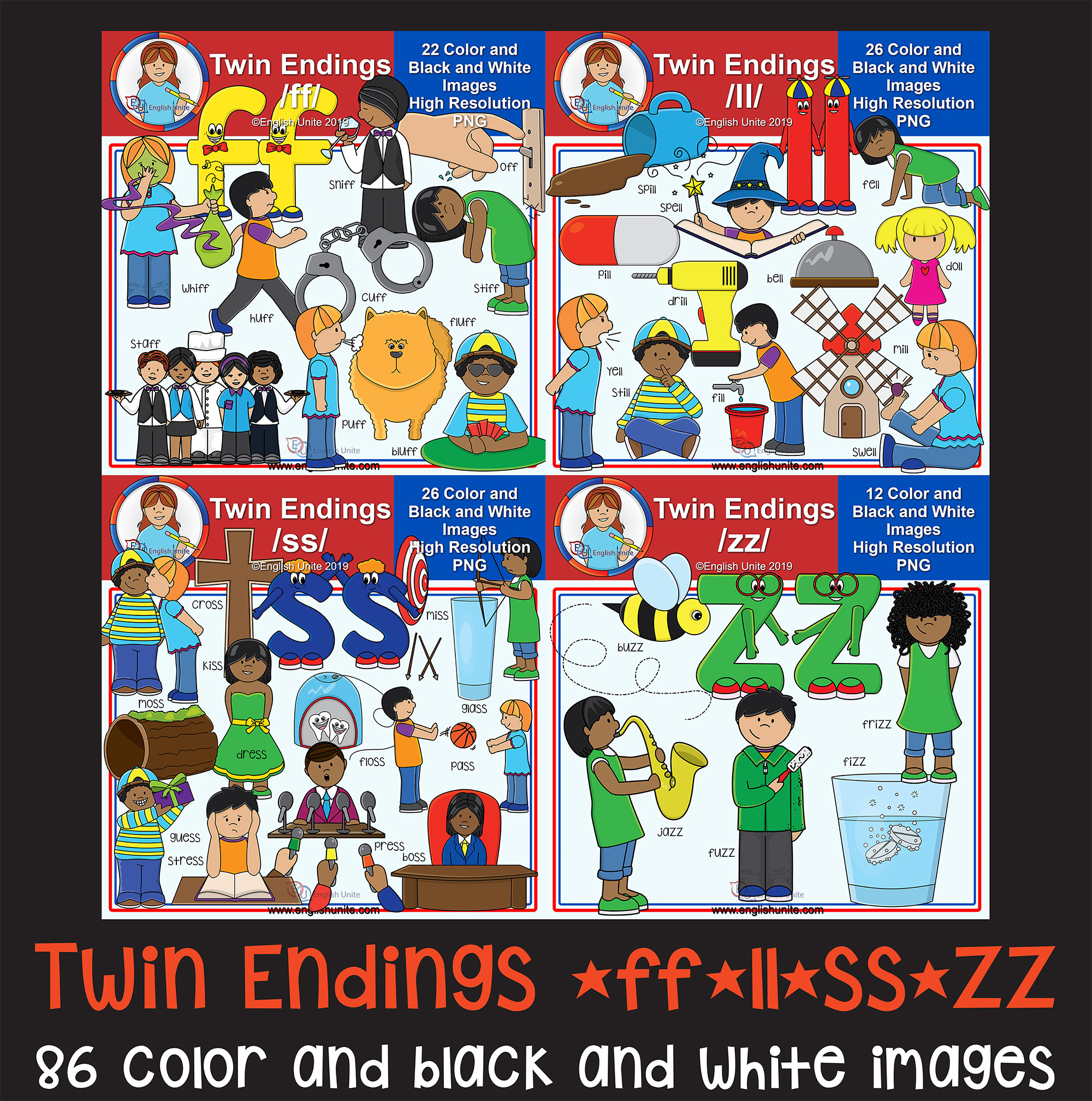 Clip Art - Twin Endings Bundle (FF, LL, SS & ZZ) | Made By Teachers