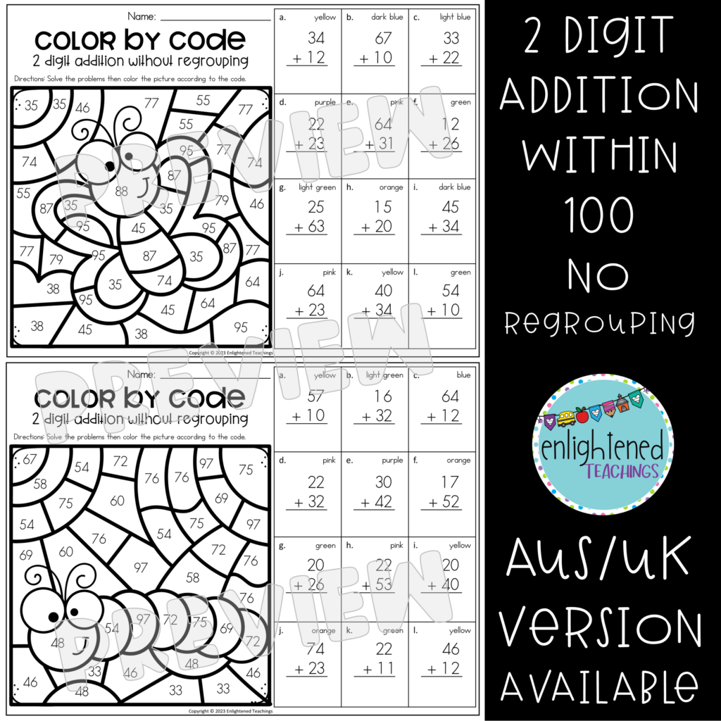 Spring 2 Digit Addition without Regrouping Worksheet Color by Code ...