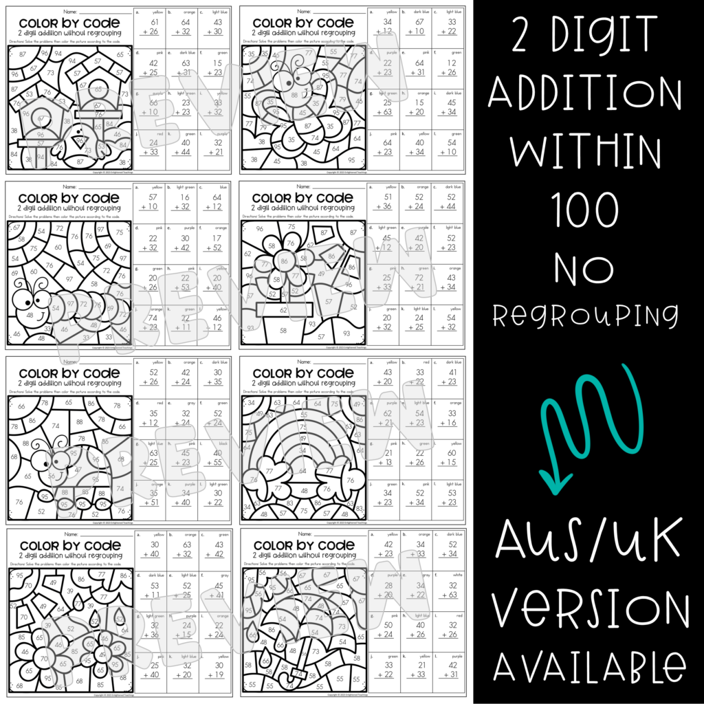 Spring 2 Digit Addition without Regrouping Worksheet Color by Code ...