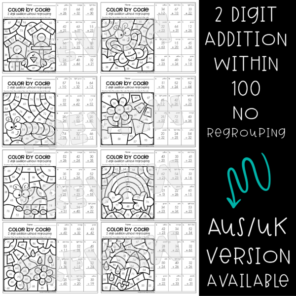 Spring 2 Digit Addition without Regrouping Worksheet Color by Code ...