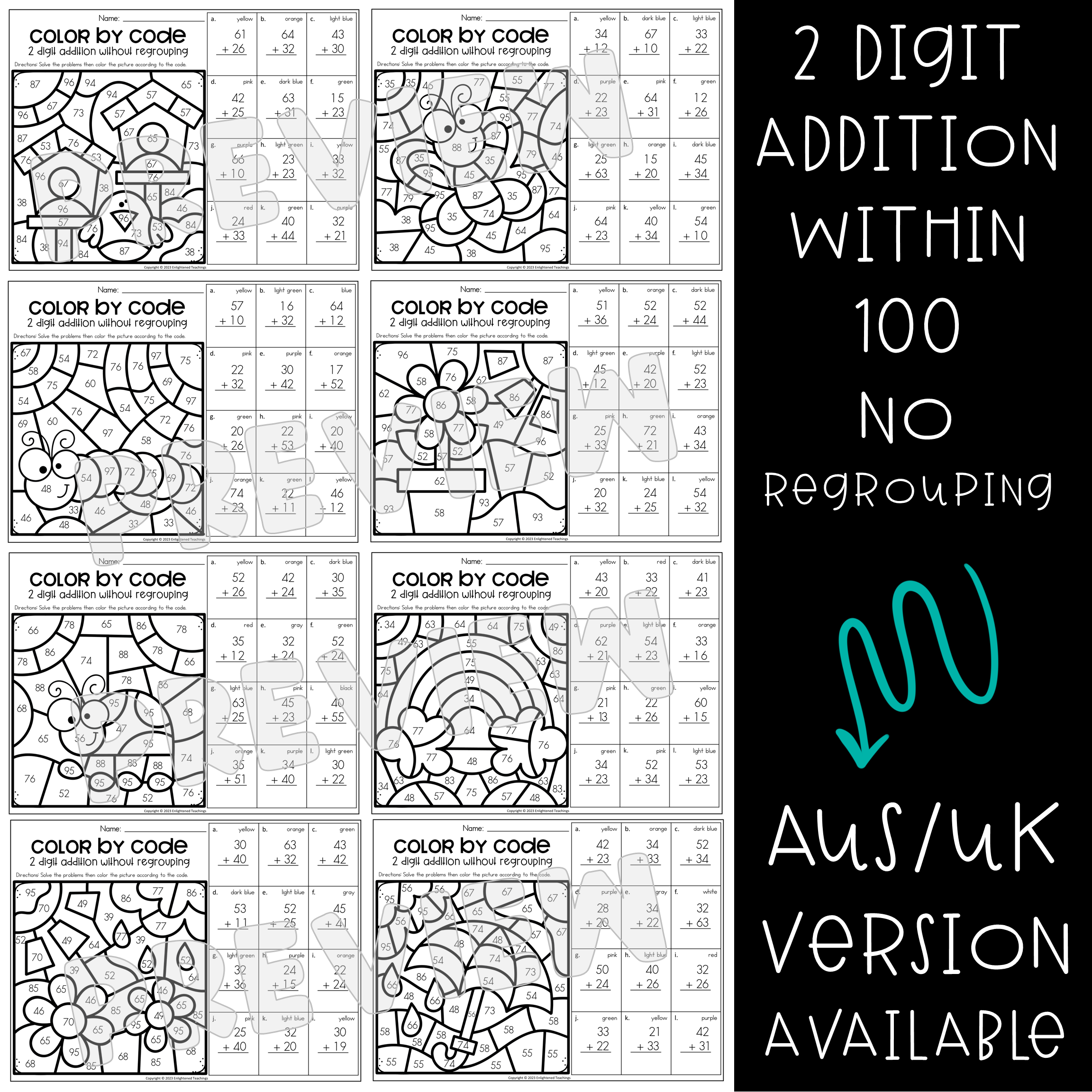 Spring 2 Digit Addition without Regrouping Worksheet Color by Code ...
