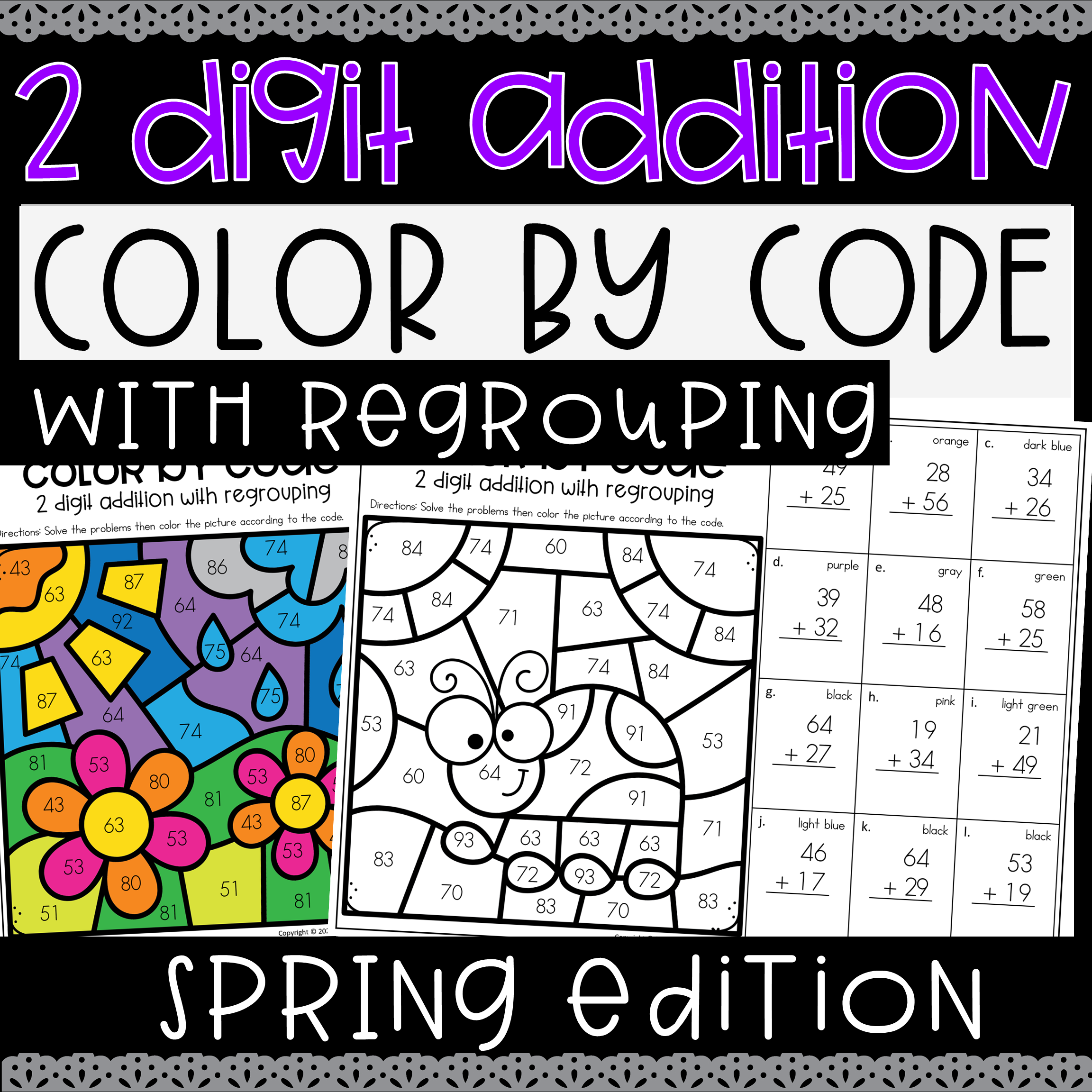 Spring 2 Digit Addition With Regrouping Worksheets Color By Code Made Spring 2 Digit Addition With Regrouping Worksheets Color By Code Made
