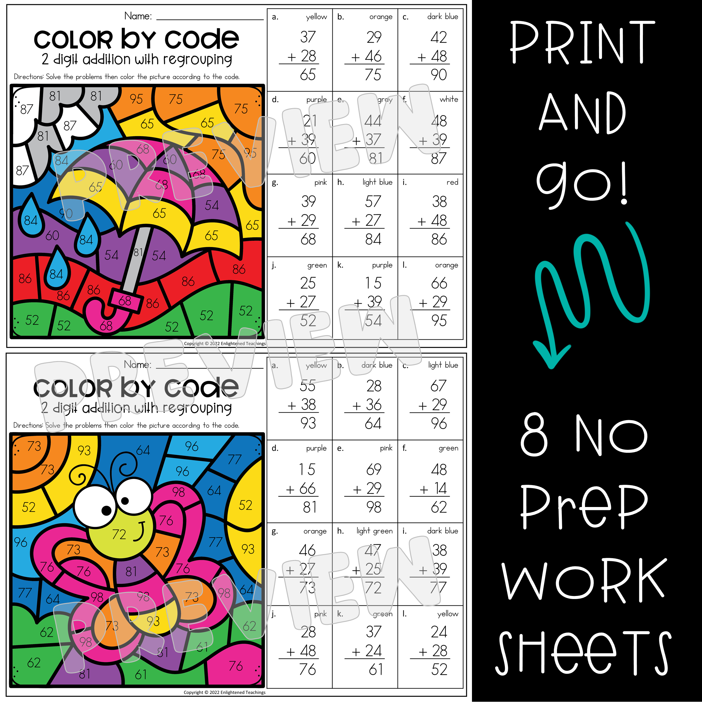 Spring 2 Digit Addition with Regrouping Worksheets Color by Code | Made ...