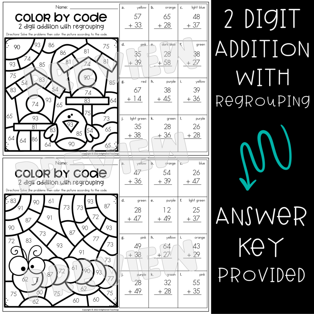 Spring 2 Digit Addition with Regrouping Worksheets Color by Code | Made ...
