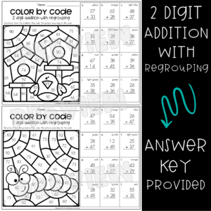 Spring 2 Digit Addition with Regrouping Worksheets Color by Code | Made ...