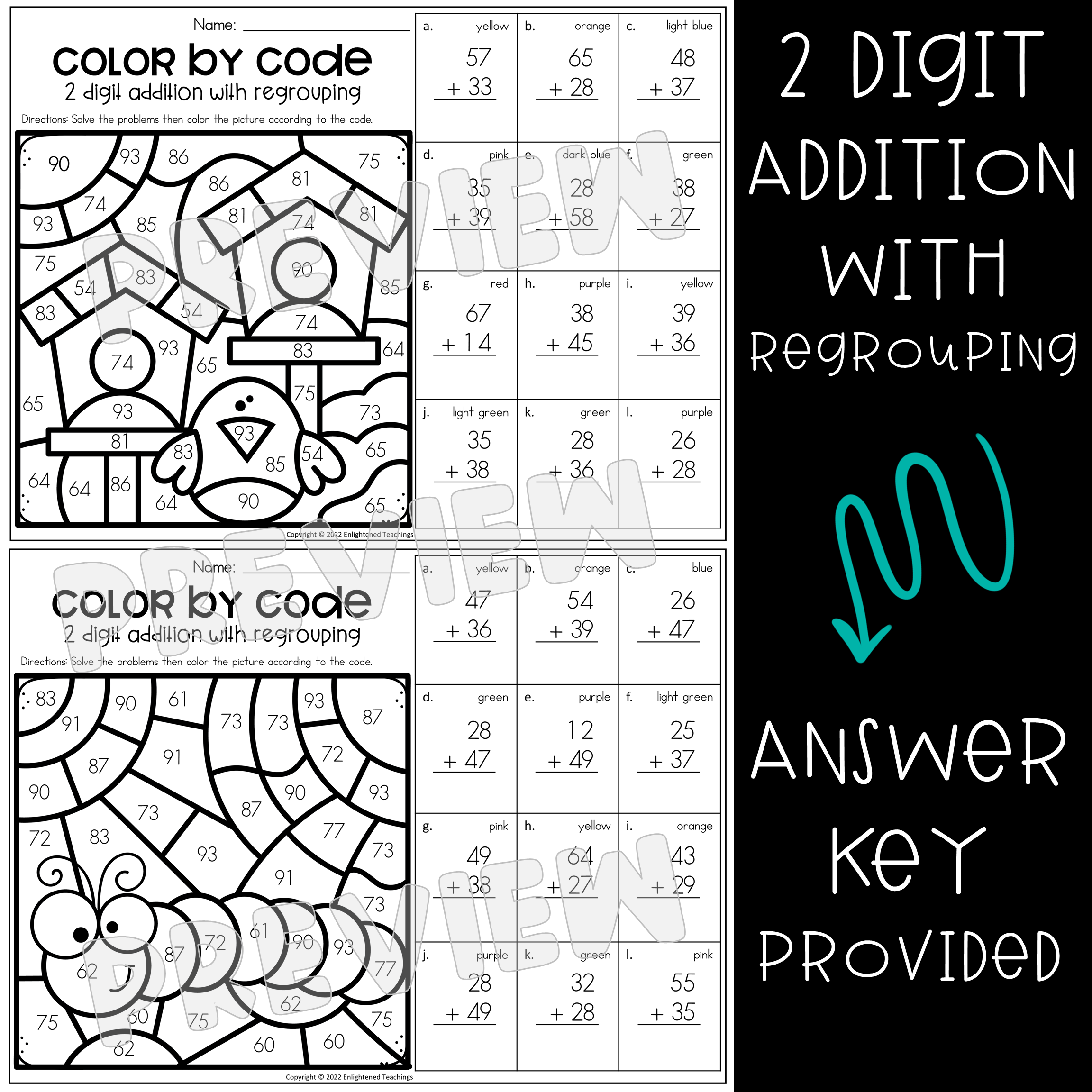 Spring 2 Digit Addition with Regrouping Worksheets Color by Code | Made ...