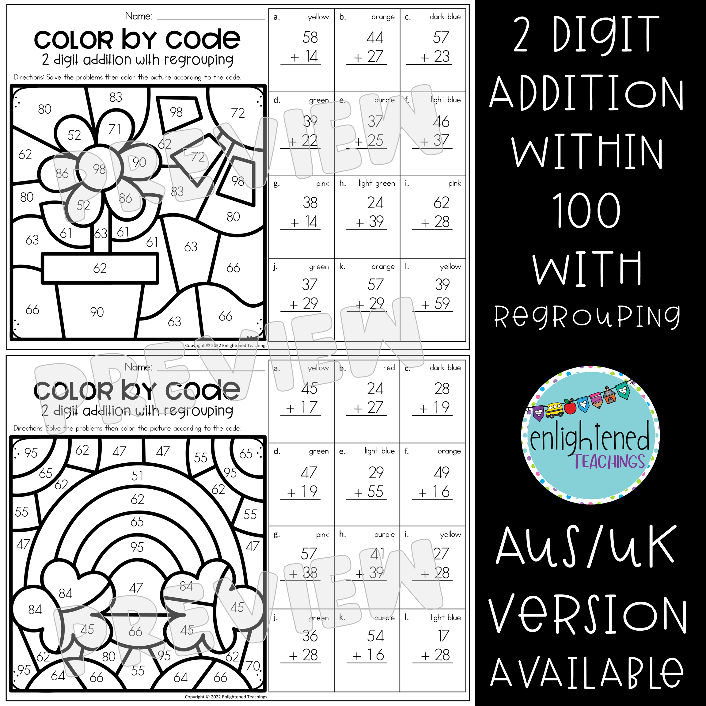 Spring 2 Digit Addition with Regrouping Worksheets Color by Code | Made ...