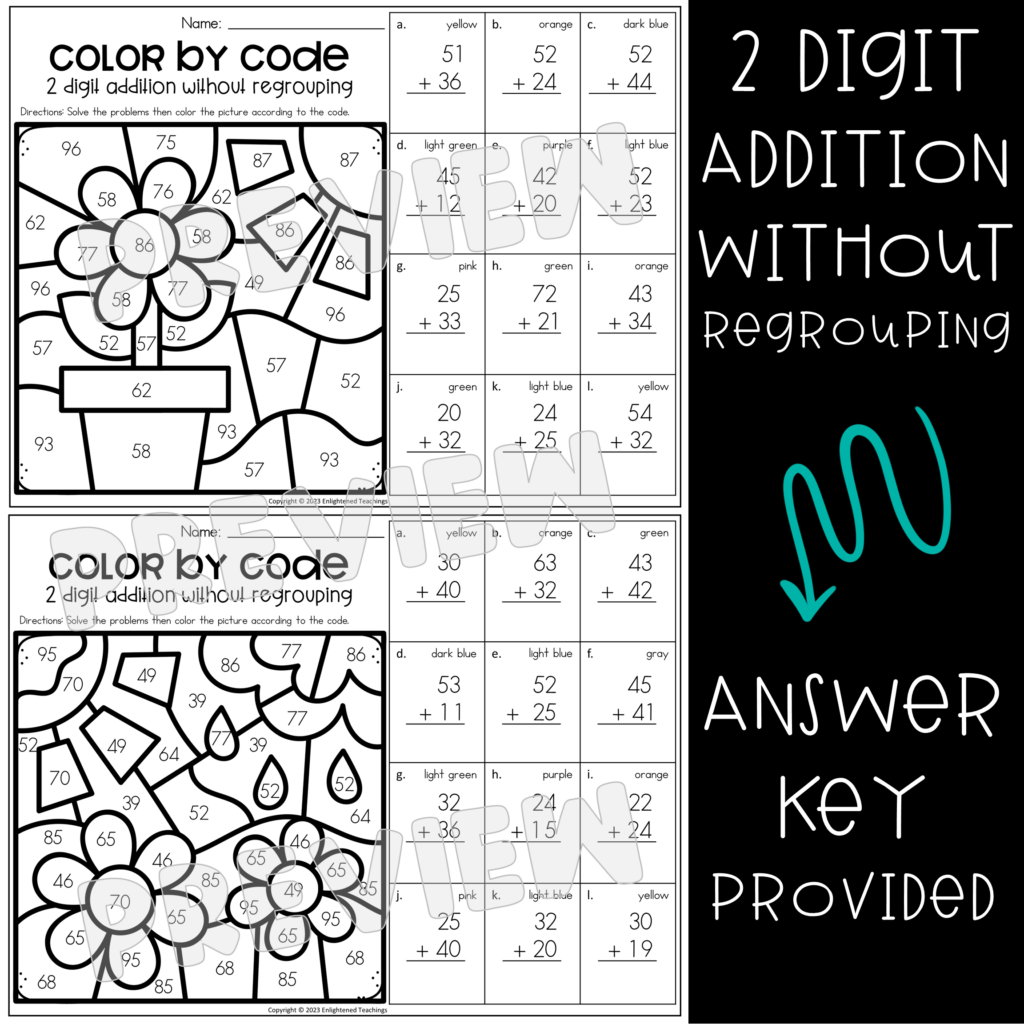 Spring 2 Digit Addition with and without Regrouping Color by Code ...