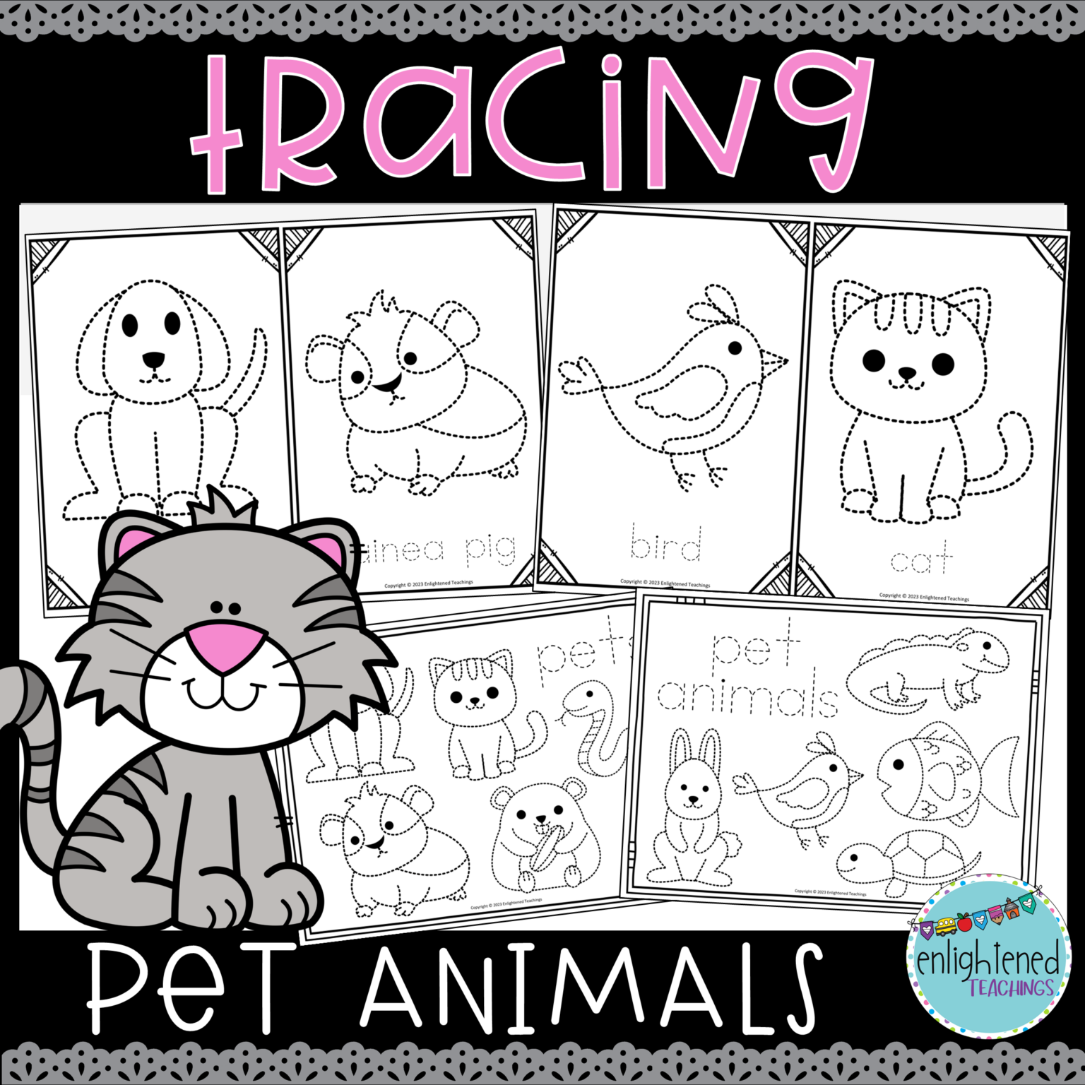 Pet Animals Tracing Worksheets Fine Motor Activity Pets Prewriting ...