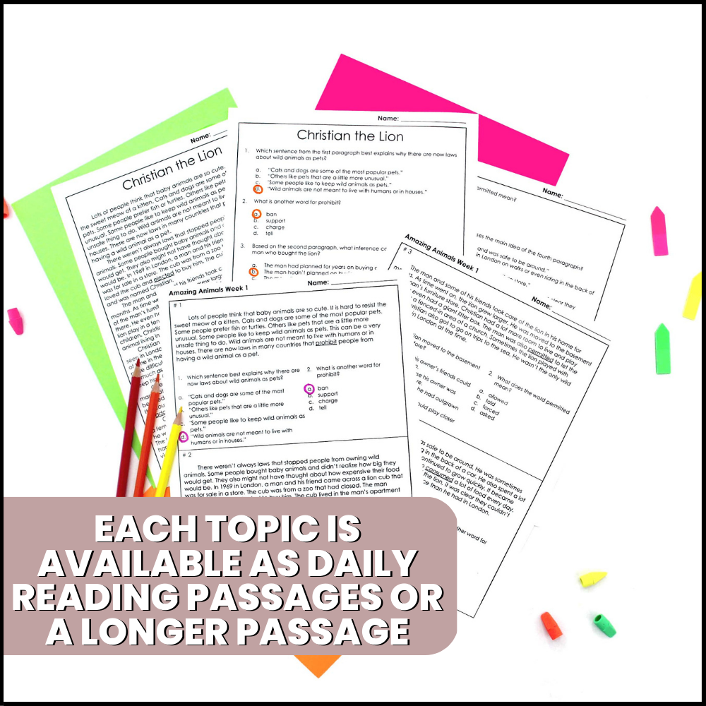 Daily Reading Comprehension Passages Animals Context Clues Inferences ...