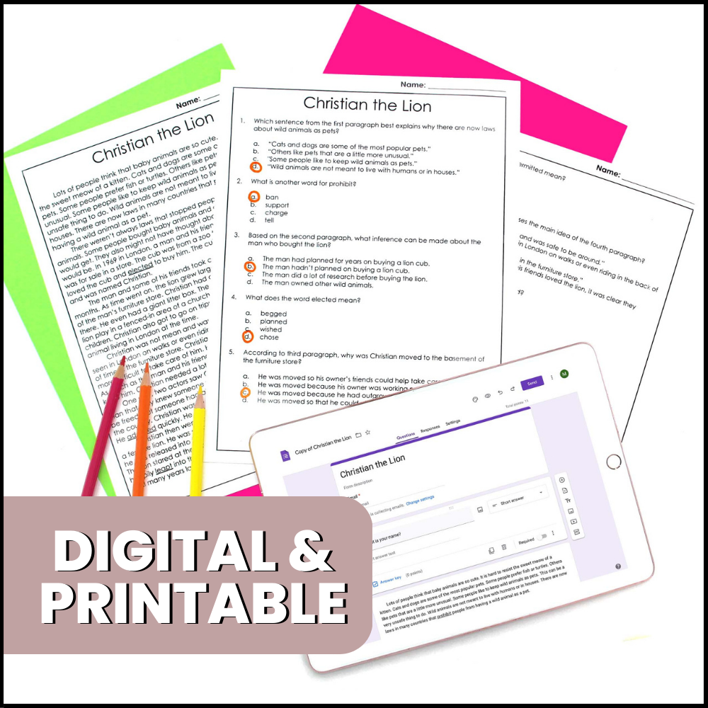 Daily Reading Comprehension Passages Animals Context Clues Inferences ...