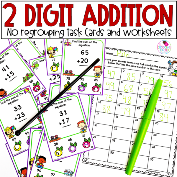 2 Digit Addition No Regrouping - Spring Math Worksheets and Task Cards ...