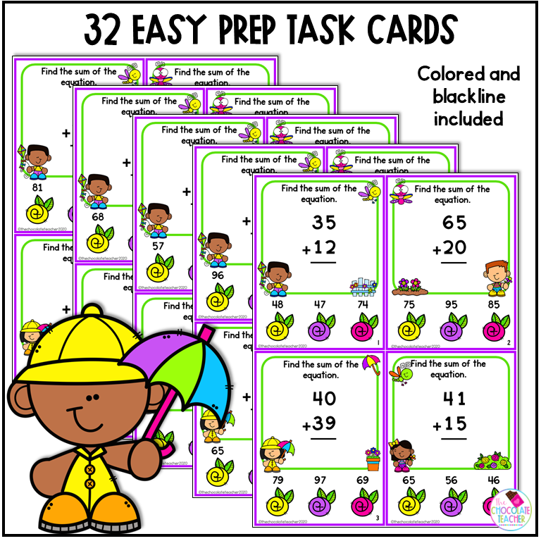 2 Digit Addition No Regrouping - Spring Math Worksheets and Task Cards ...